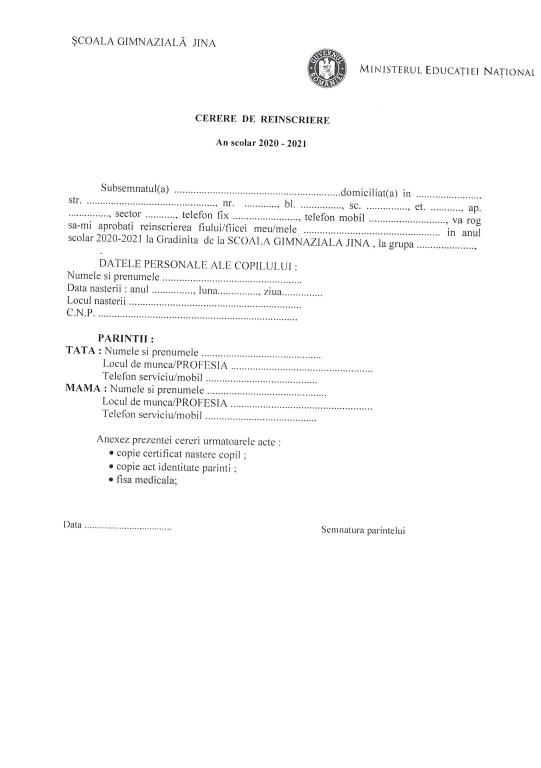 Inscrierea in invatamantul prescolar – Scoala Jina Sibiu