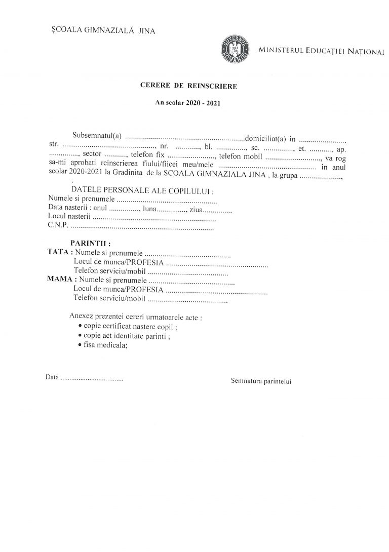 Inscrierea in invatamantul prescolar – Scoala Jina Sibiu